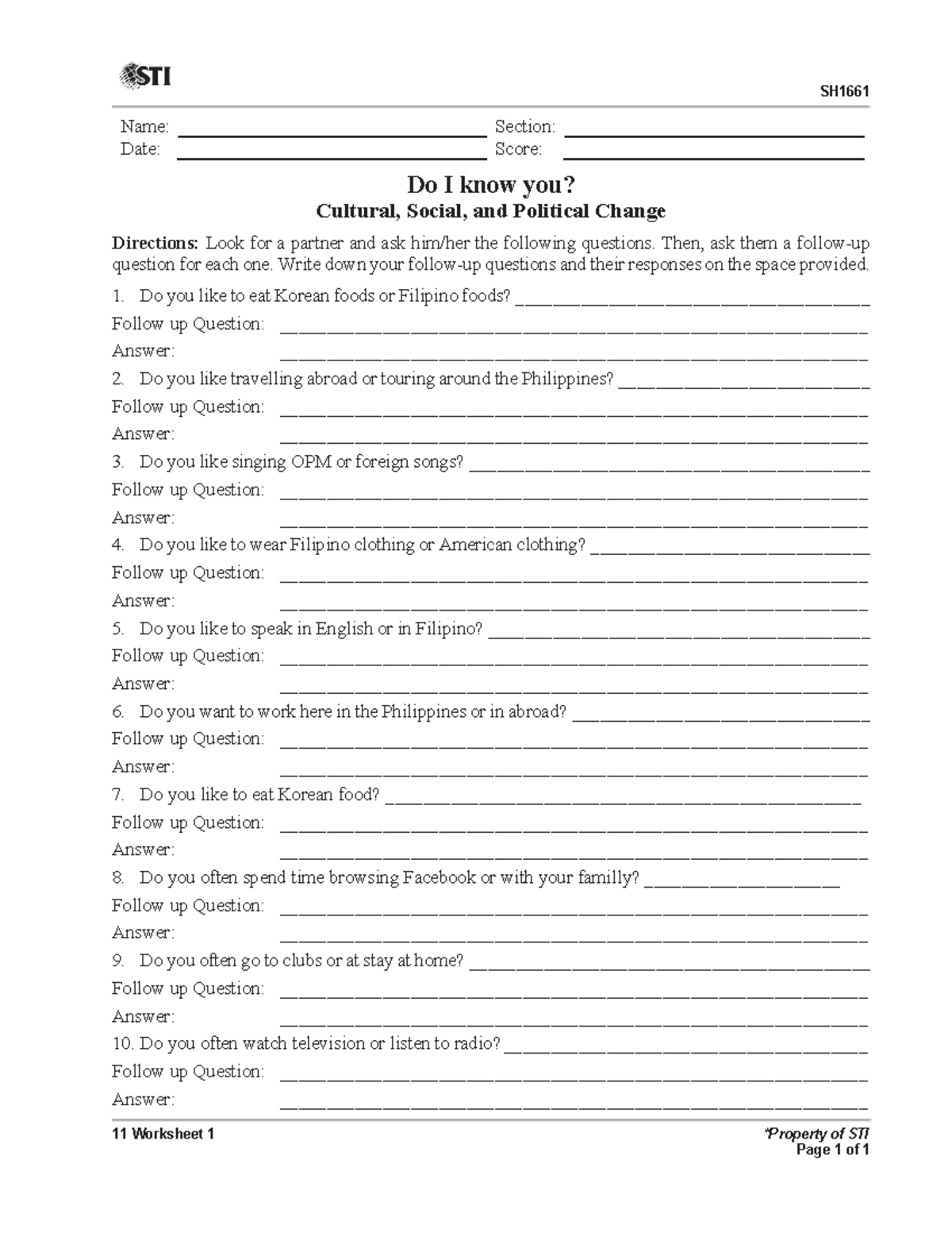 SH1661 - Worksheet 1 on Culture, Society & Politics 11 Activities - Studocu