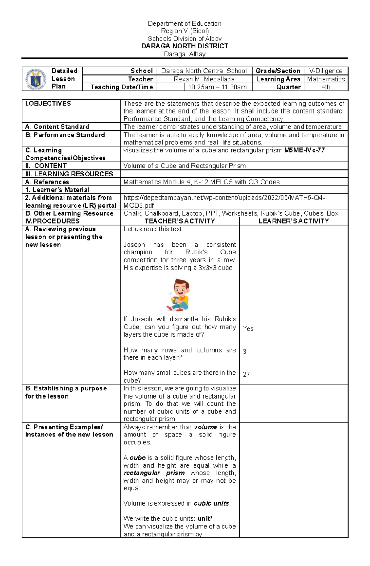 DLP-MATHEMATICS - Detailed Lesson Plan School Daraga North Central ...