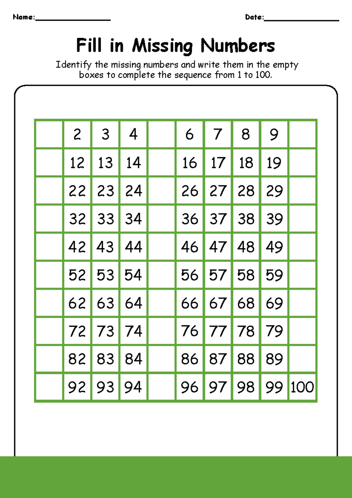 Fill in the Missing Numbers to 100 - 1st Grade Worksheet - Name: Date ...