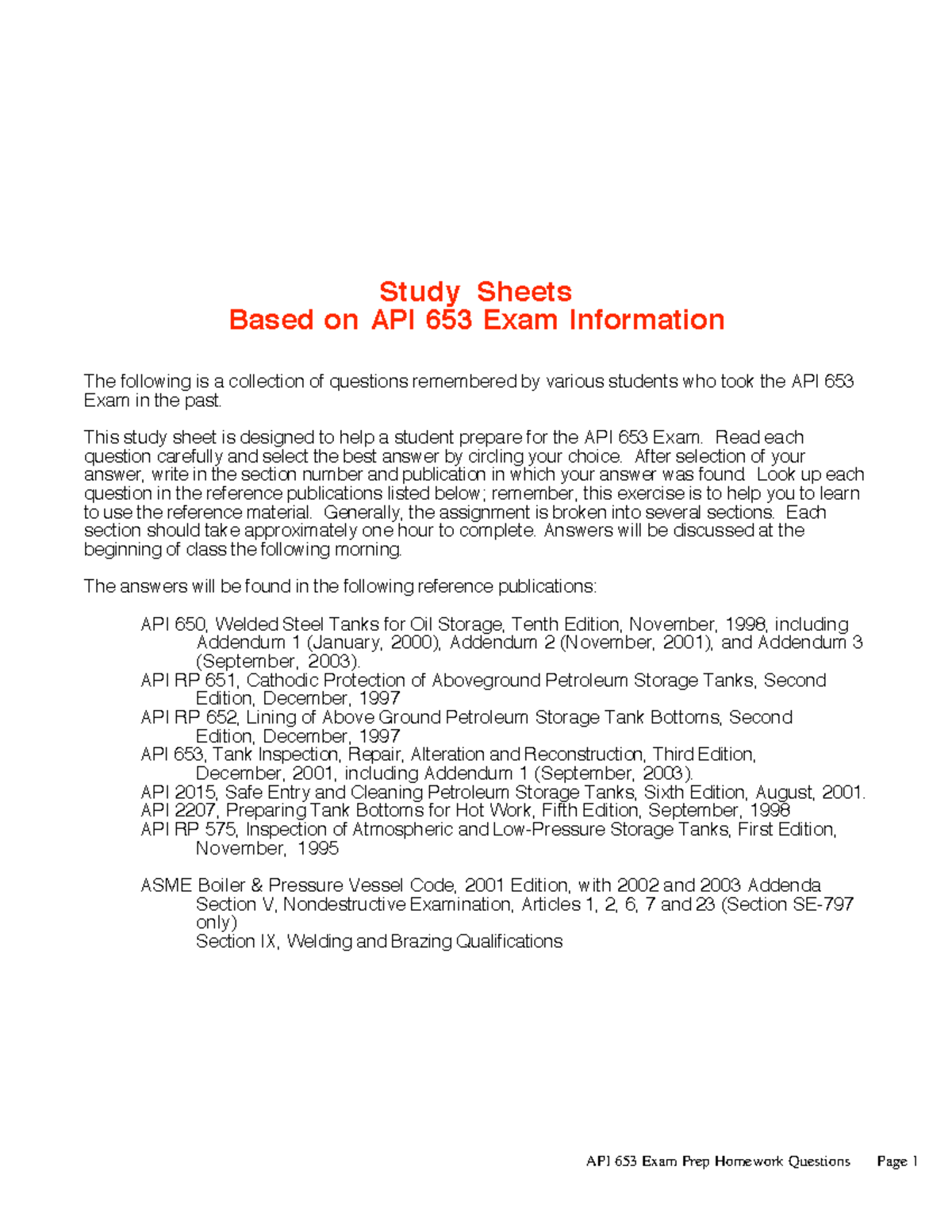 API 653 Exam Prep Study Sheet: Key Questions & Answers - Studocu