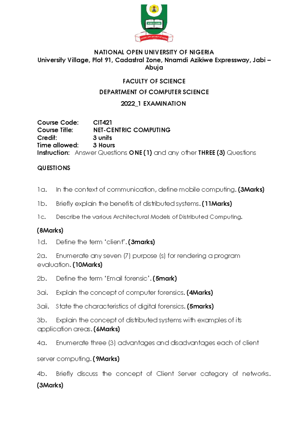 CIT421-2022-1 - Net-Centric Computing Exam Questions and Answers - Studocu