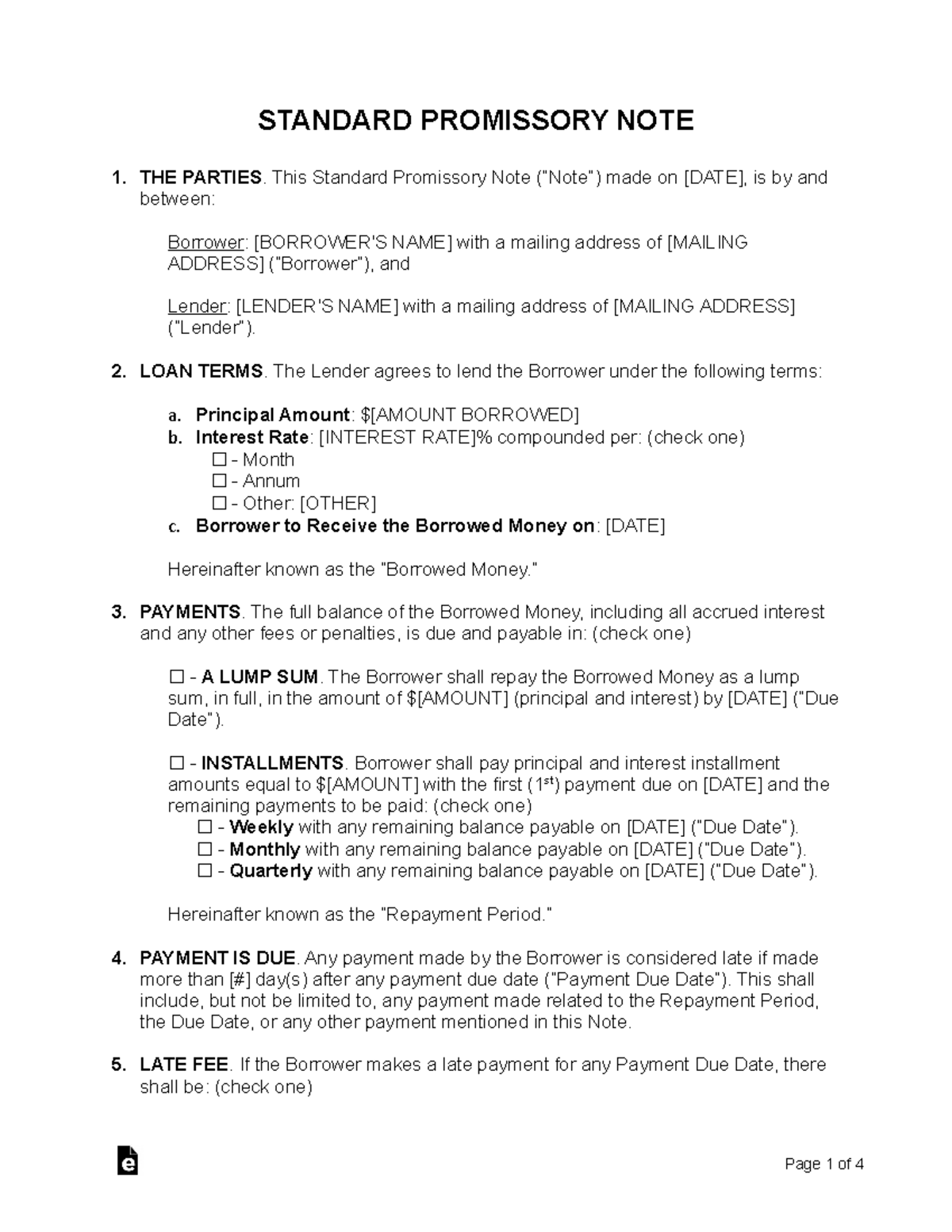 Standard Promissory Note Template - Editable Format for Use - Studocu