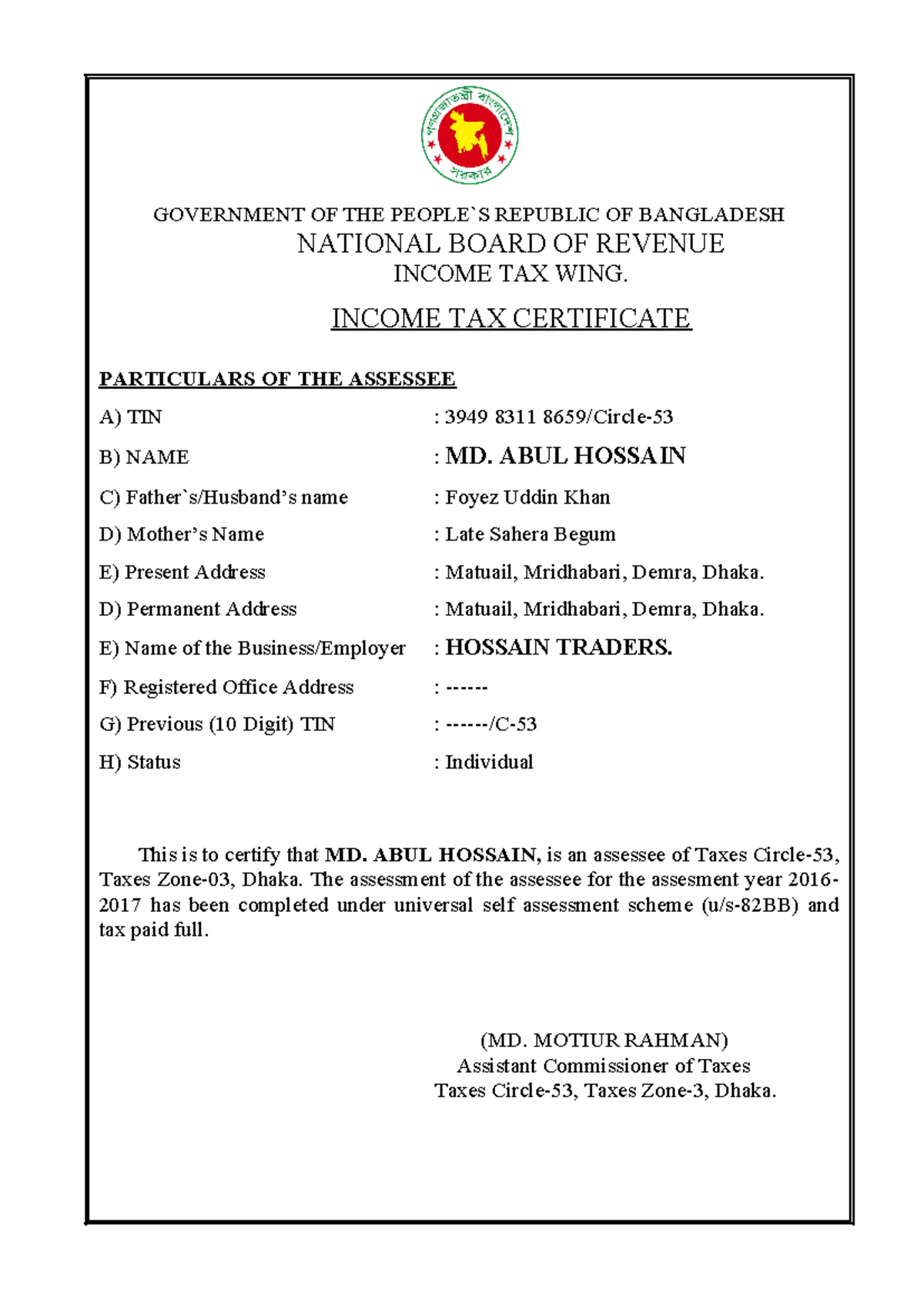 Income Tax Certificate Sample (TIN: 3949 8311 8659) - Studocu