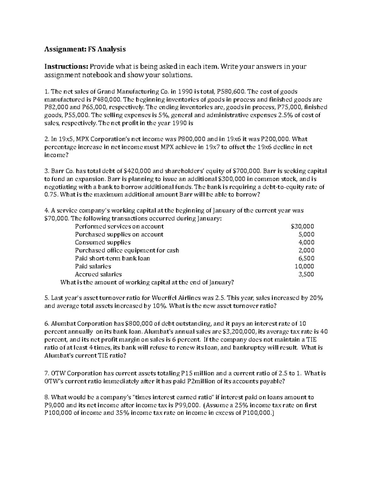 Assignment: FS Analysis - Financial Calculations and Solutions - Studocu