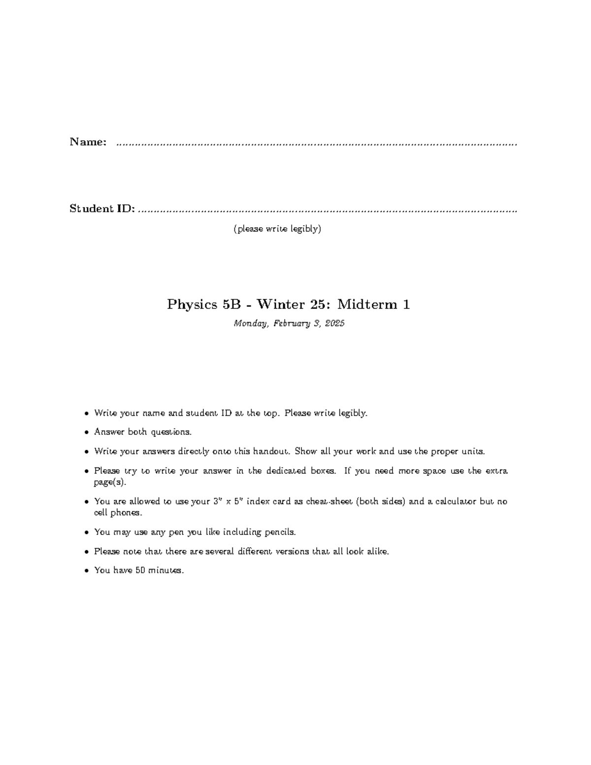 Physics 5B Winter 25: Midterm 1 Practice Questions - Studocu