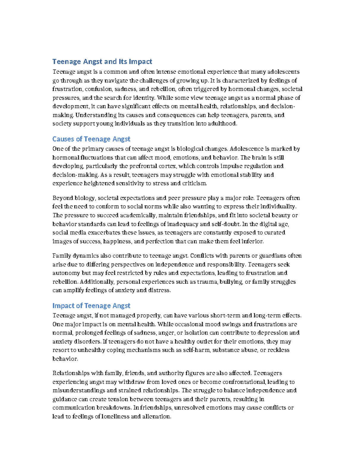 Teenage Angst Impact - Teenage Angst and Its Impact Teenage angst is a ...