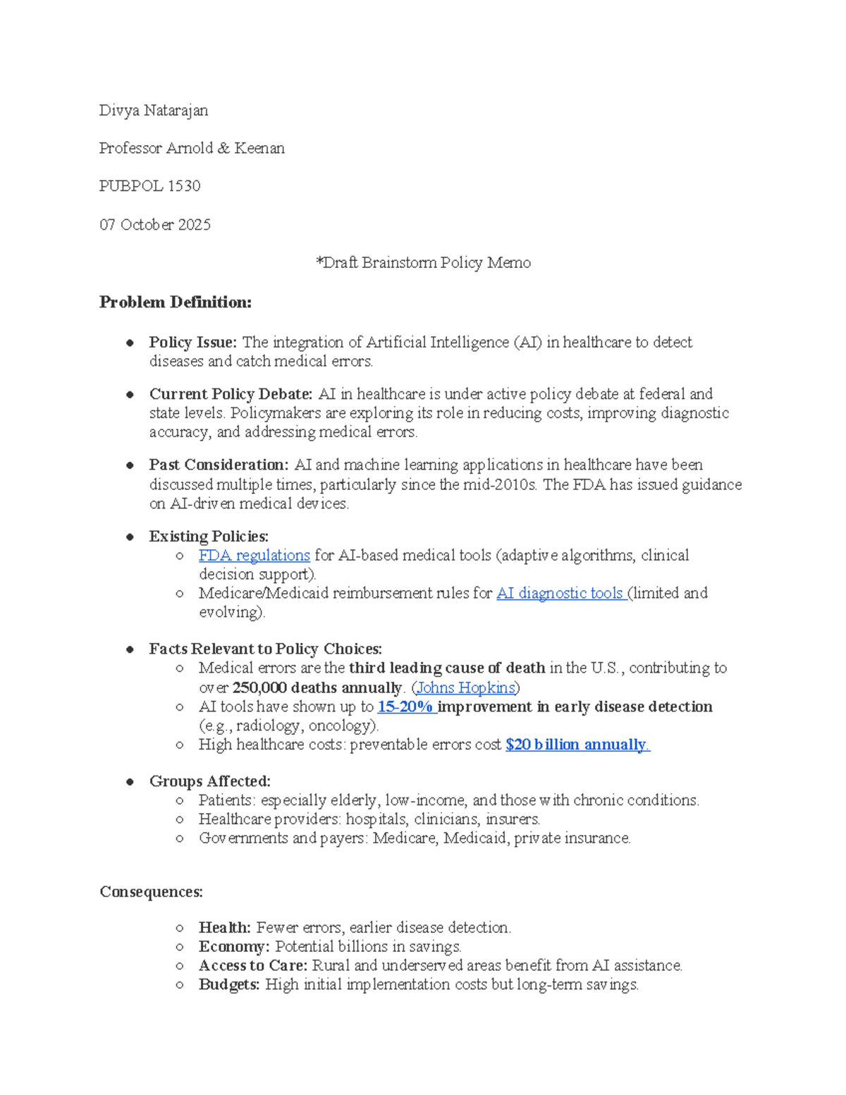 Draft Policy Memo on AI Integration in Healthcare - PUBPOL 1530 - Studocu
