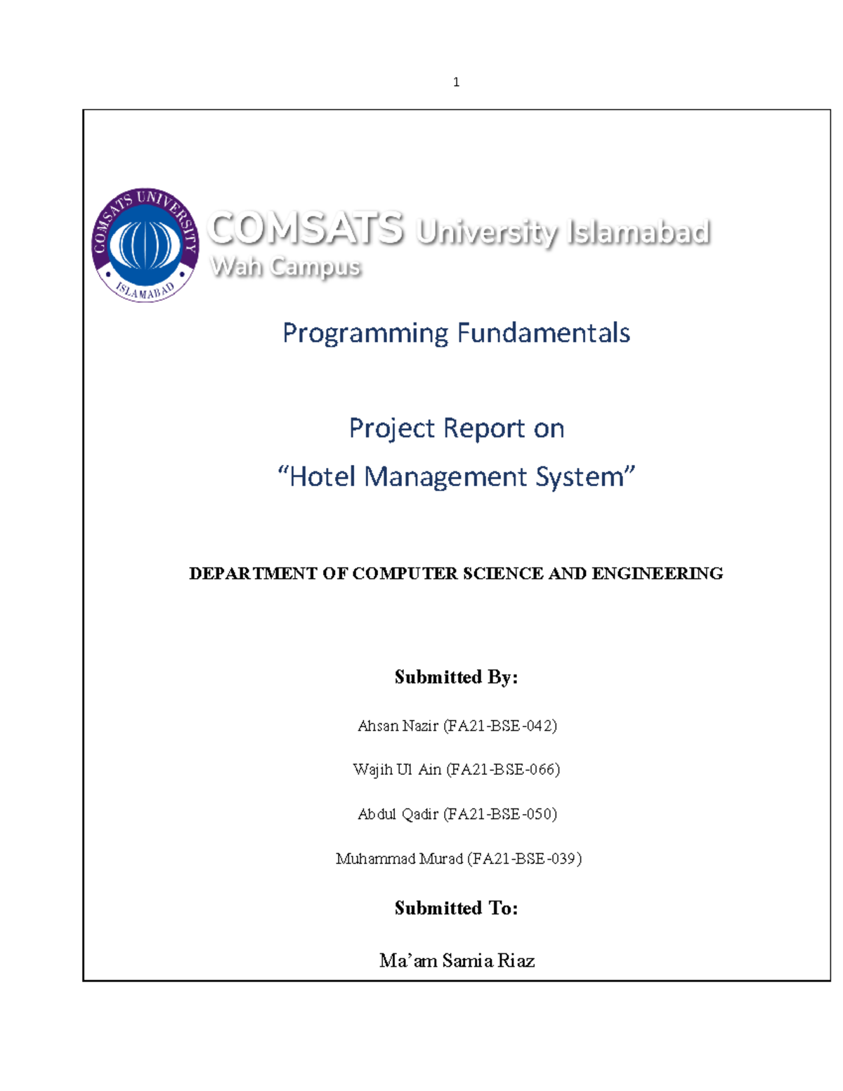 Pf Project Report - 1 Programming Fundamentals Project Report on