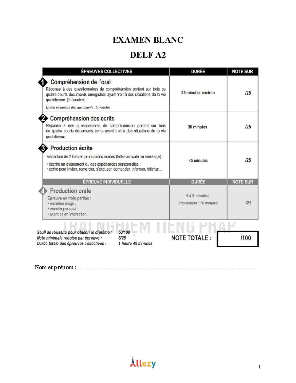 DELF A2 - Examen Blanc: Compréhension et Production Écrite - Studocu