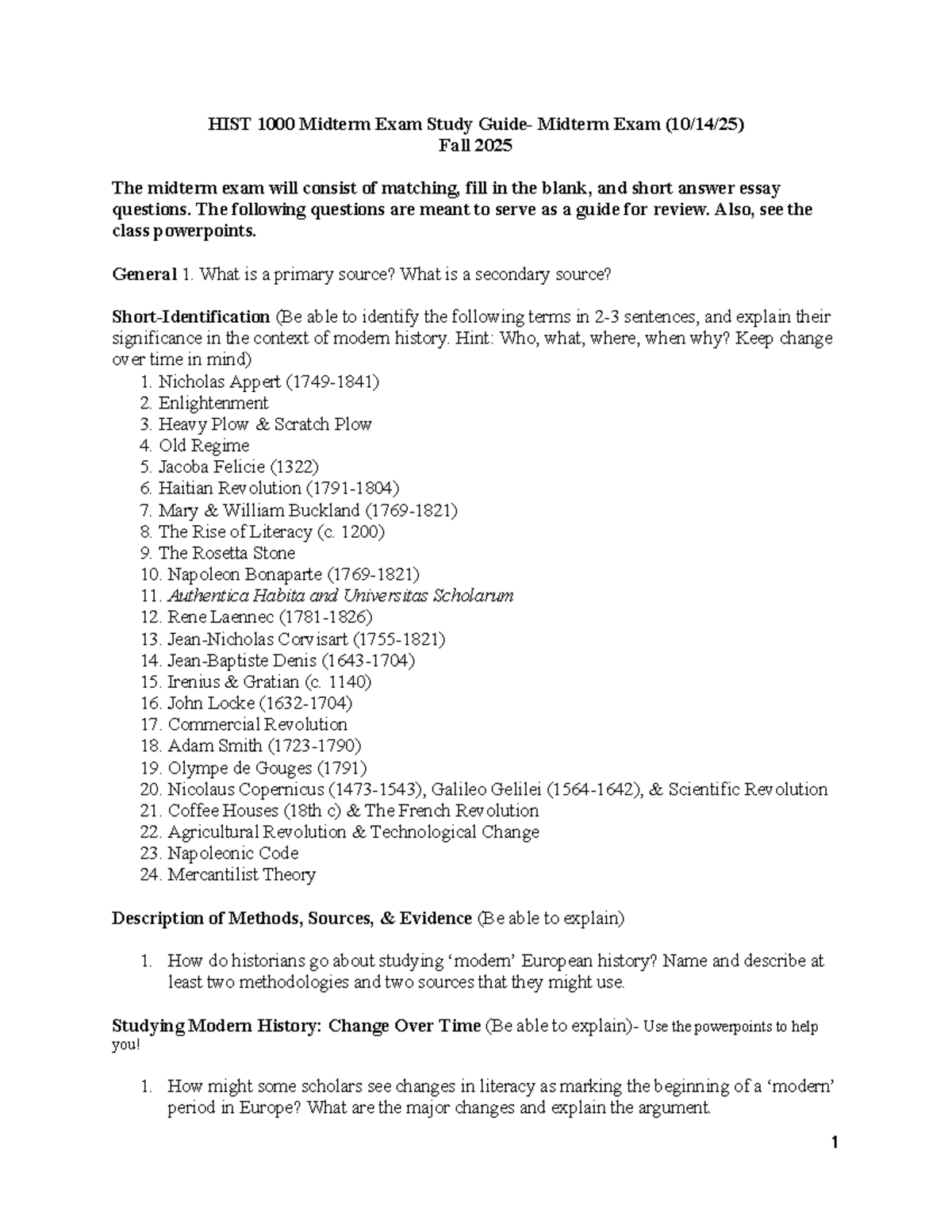 HIST 1000 Midterm Exam Study Guide - Fall 2025 Review Guide - Studocu