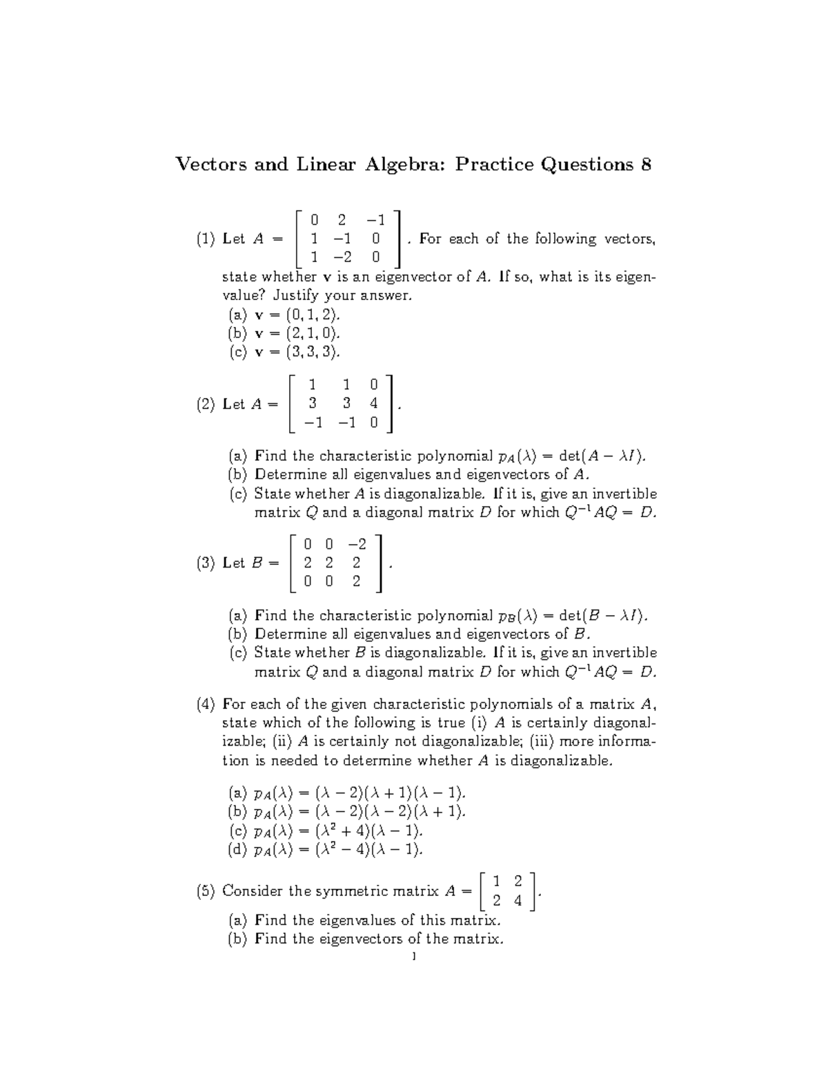 Vectors And Linear Algebra Practice Questions 8 Eigenvalues