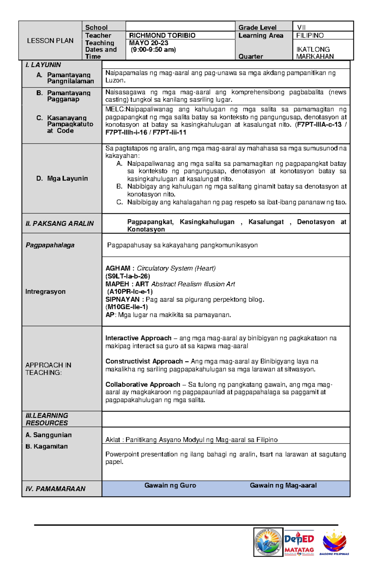 LESSON PLAN: Pagpapakahulugan ng Salita sa Filipino (Grade VII) - Studocu