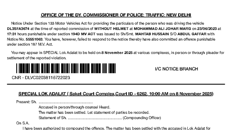 Notice Under Section 133 MV Act: Traffic Violation Case DL3SFA3674 ...