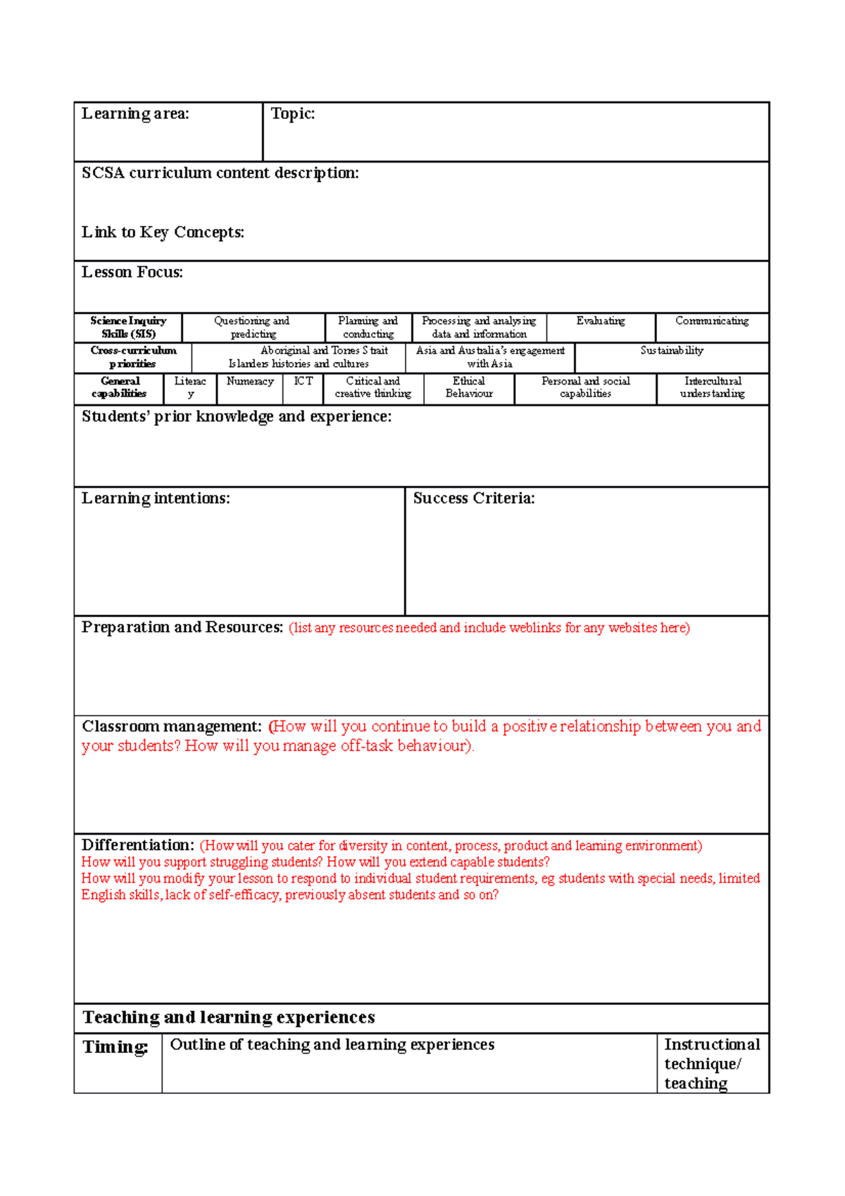 SCSA Lesson Plan Template for Science Inquiry and Engagement - Studocu