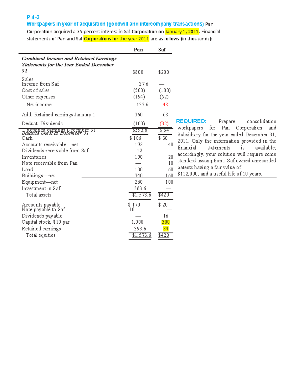 Consolidation Workpapers for P4: Exercises & Solutions for 2011 - Studocu