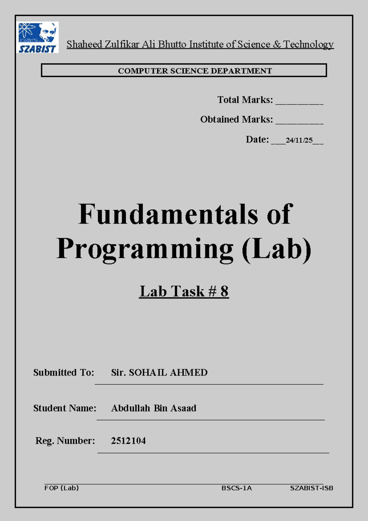 FOP (Lab) 2512104 - Assignment 8: Programming Task Solutions - Studocu