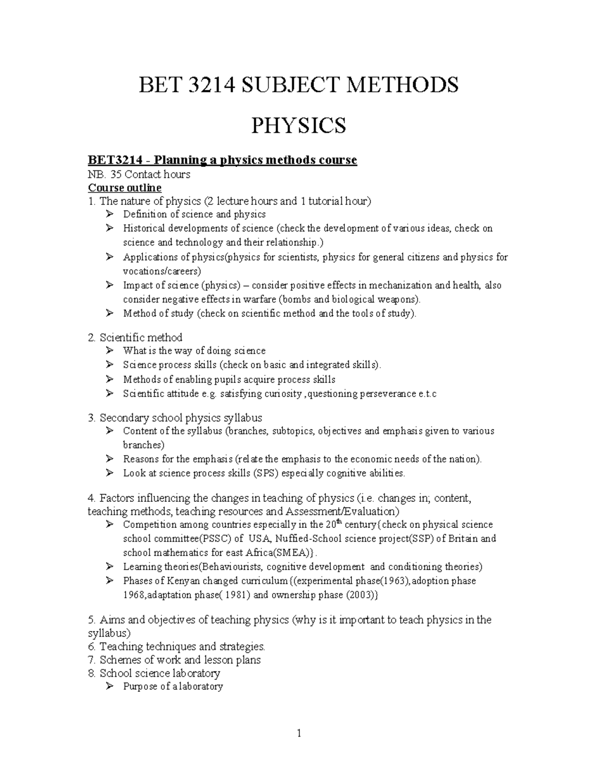 **BET 3214 Methods of Teaching Physics: Comprehensive Course Outline** - Studocu
