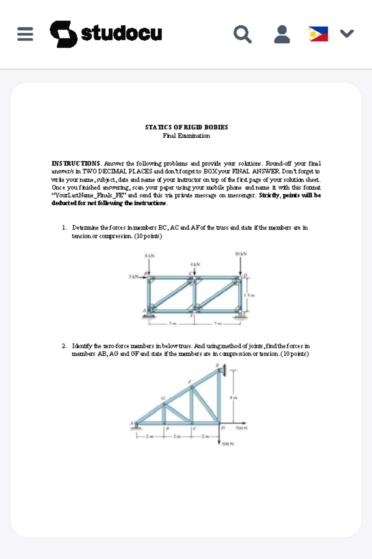 STATICS OF RIGID BODIES STAT 101 Final Exam Instructions - Studocu
