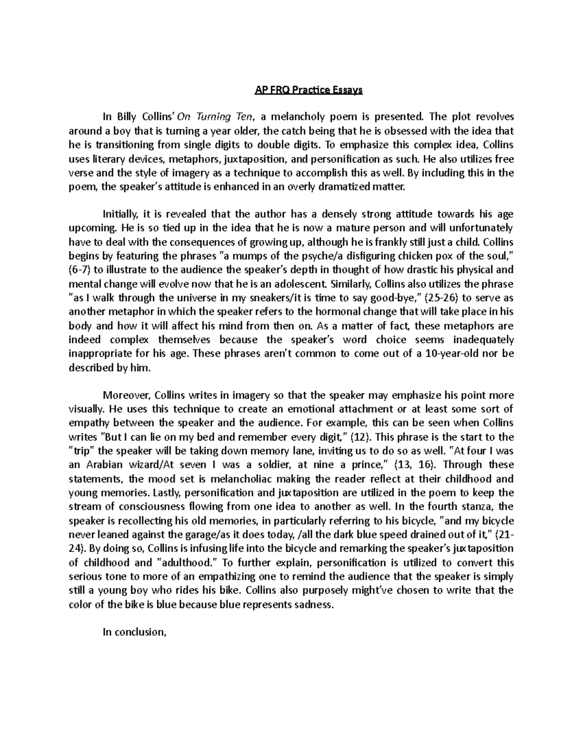 AP English Literature FRQ Practice Essays - Notes on Collins' Work ...