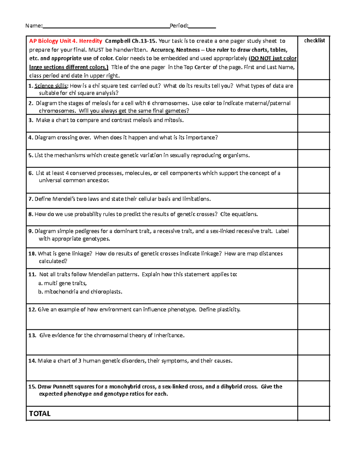 AP Biology Unit 4 Final Exam Study Sheet: Heredity & Genetics - Studocu