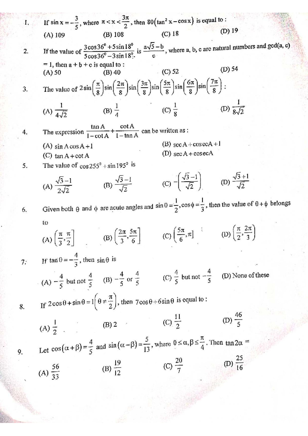 Homework for math course: Trigonometric equations and identities - Studocu