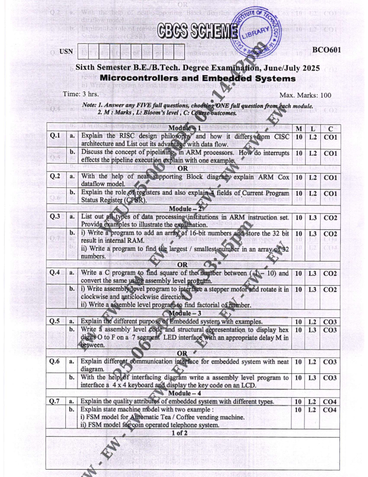 BCO601 Sixth Semester Exam: Microcontrollers & Embedded Systems QP ...