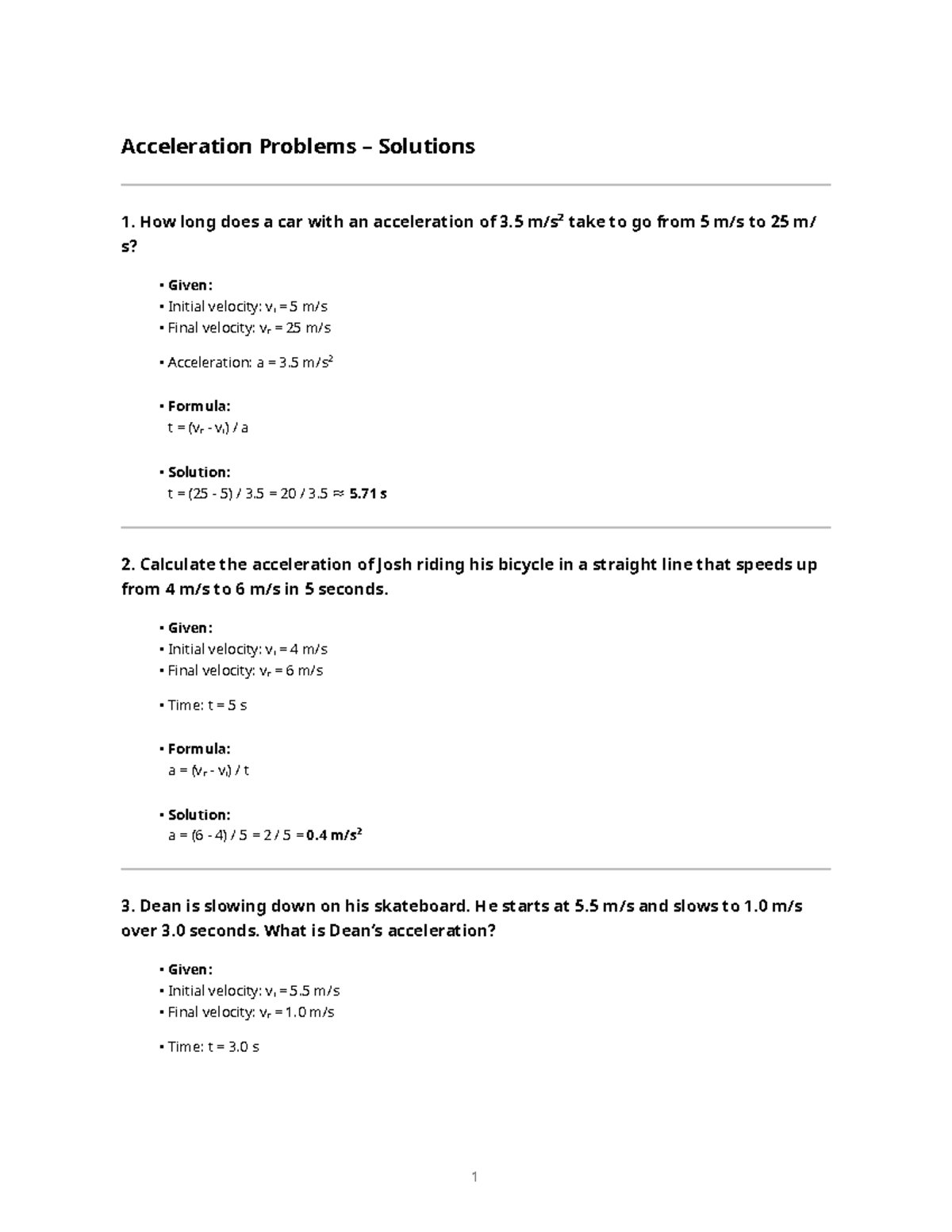 Acceleration Problems Solutions (Physics 101) - Studocu