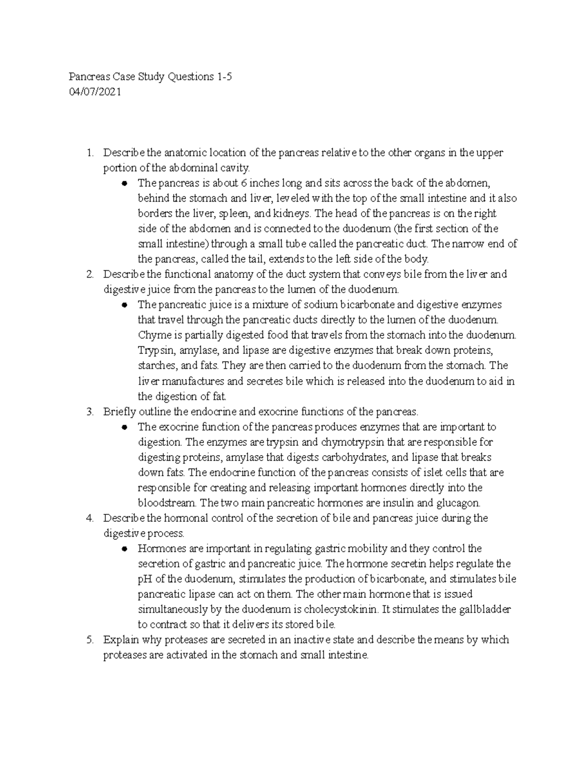 Pancreas Case Study Questions 1-5: Anatomy & Function Insights - Studocu