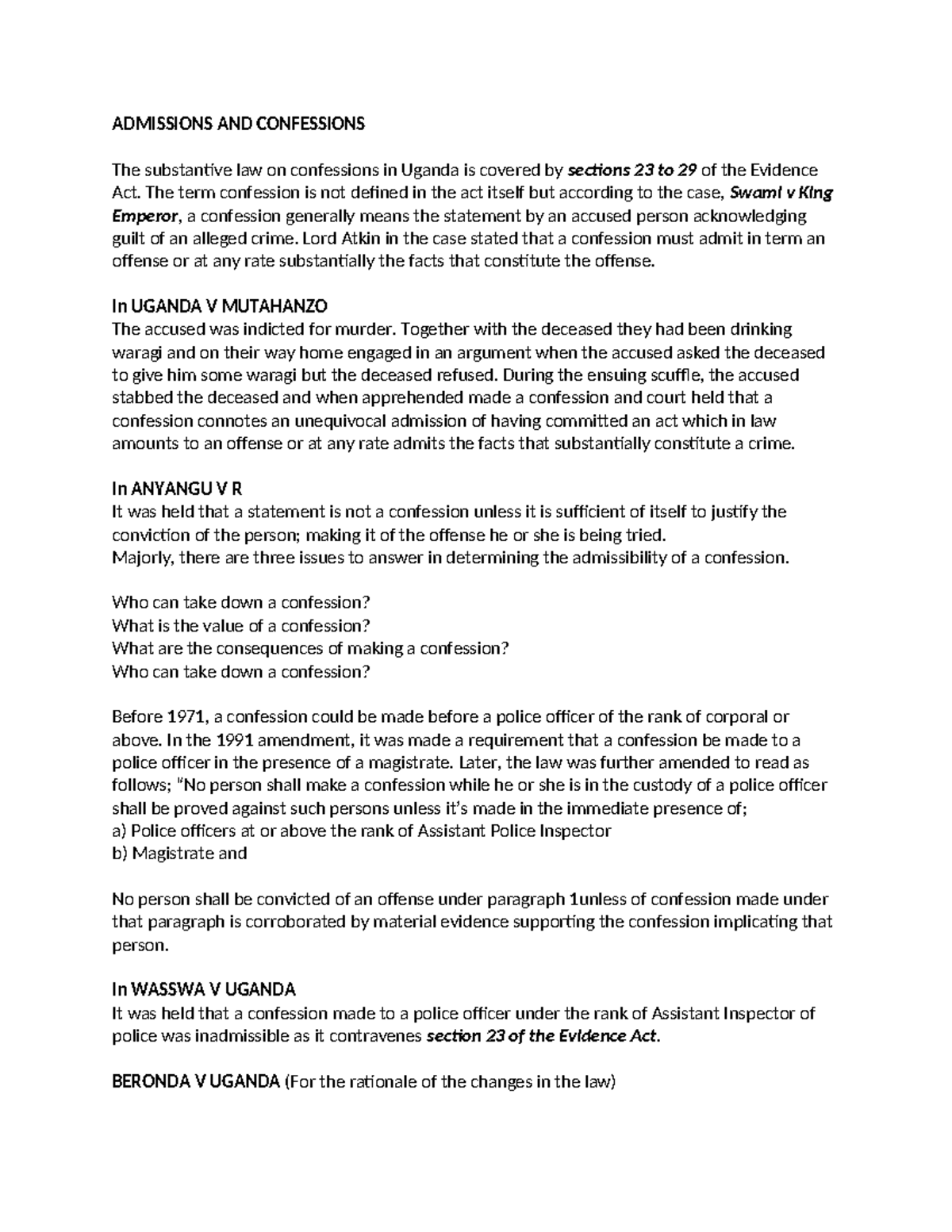 ADMISSIONS AND CONFESSIONS IN UGANDA: EVIDENCE ACT SECTIONS 23-29 - Studocu