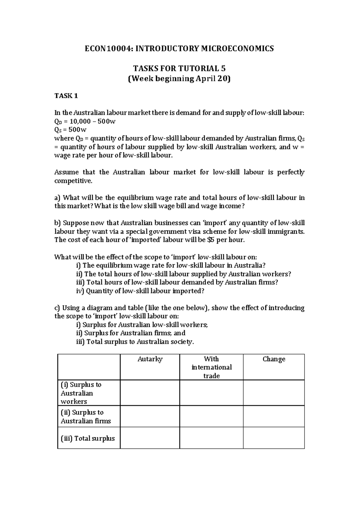ECON10004: Week 5 Tutorial Questions on Microeconomics Analysis - Studocu