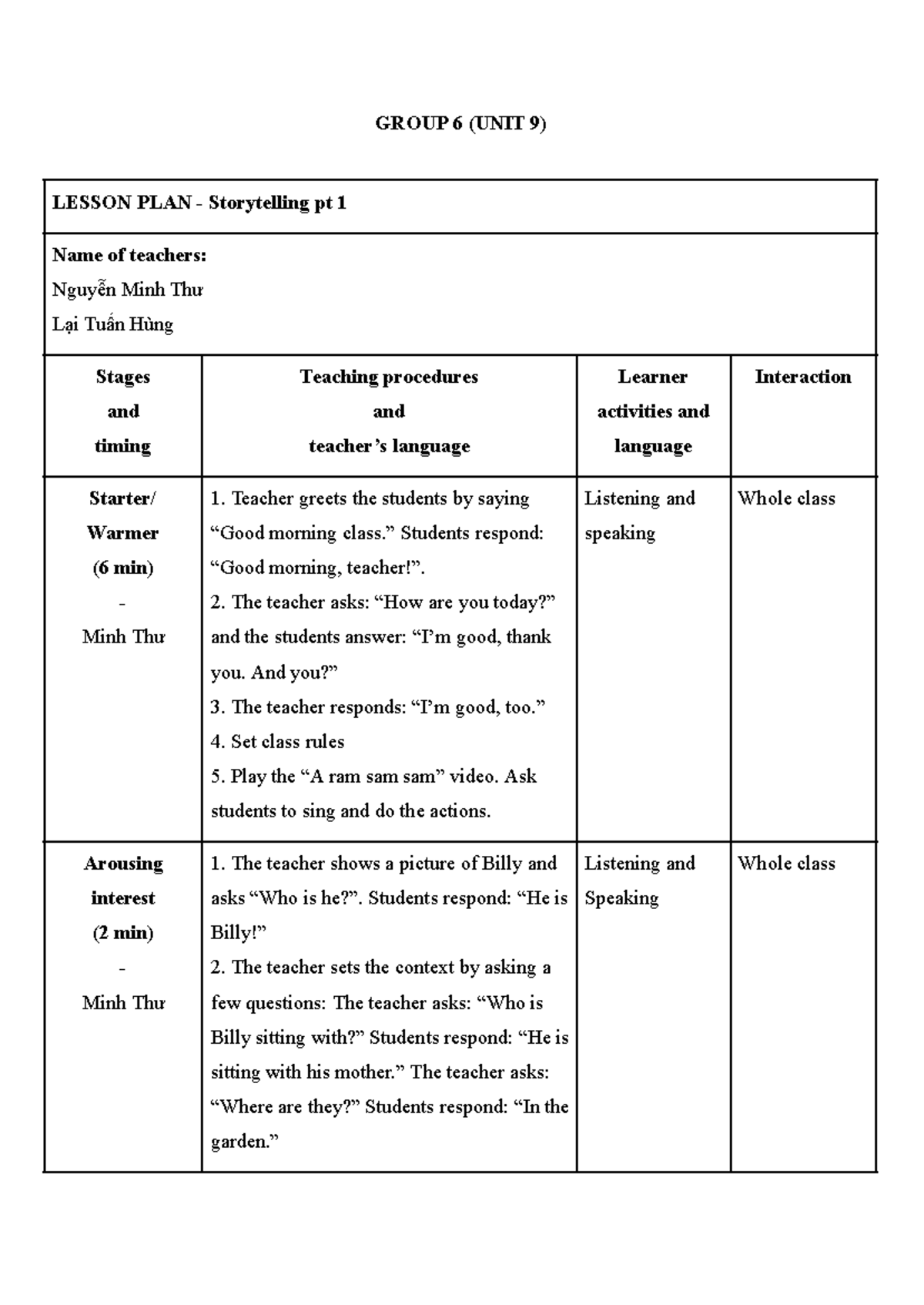 GROUP 6 (UNIT 9) LESSON PLAN: Storytelling Part 1 - Studocu