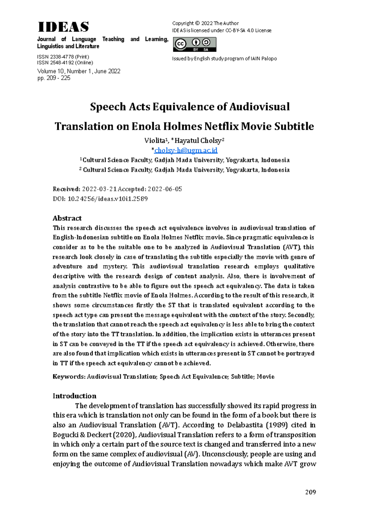 Speech Acts Equivalence in Audiovisual Translation: A Study of Enola ...