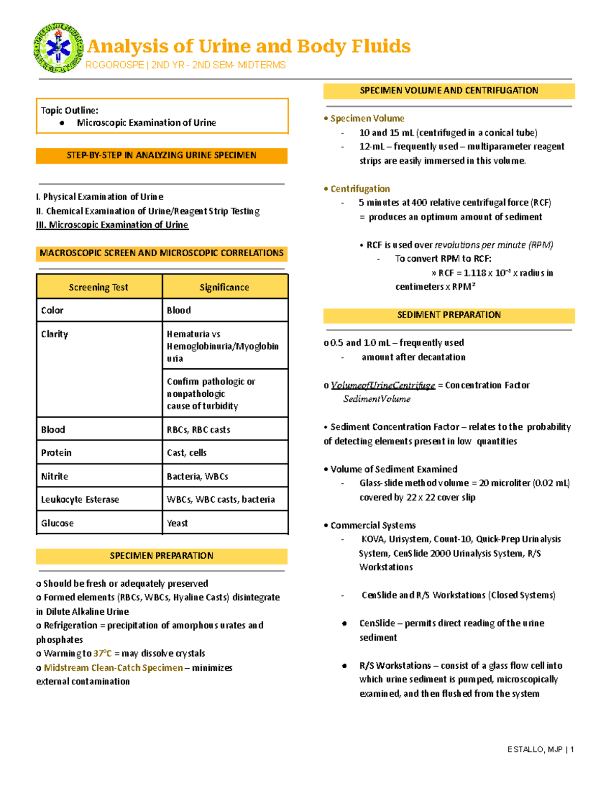 Microscopic Examination of Urine and Body Fluids RCGOROSPE 2ND YR 2ND ...