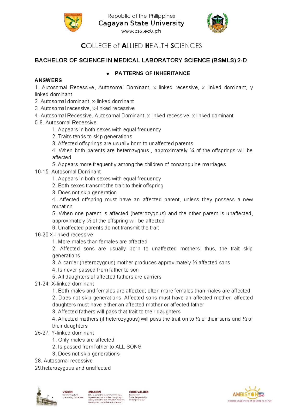 BSMLS 101: Patterns of Inheritance Answer Key - Studocu