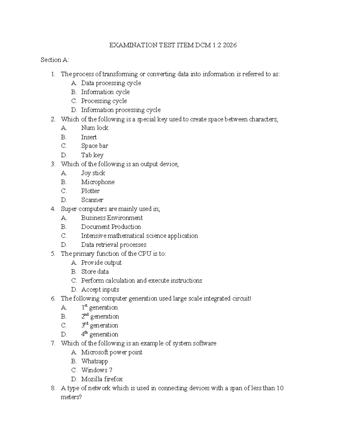 Examination Test Item DCM 1:2 2026 - Computer Fundamentals - Studocu
