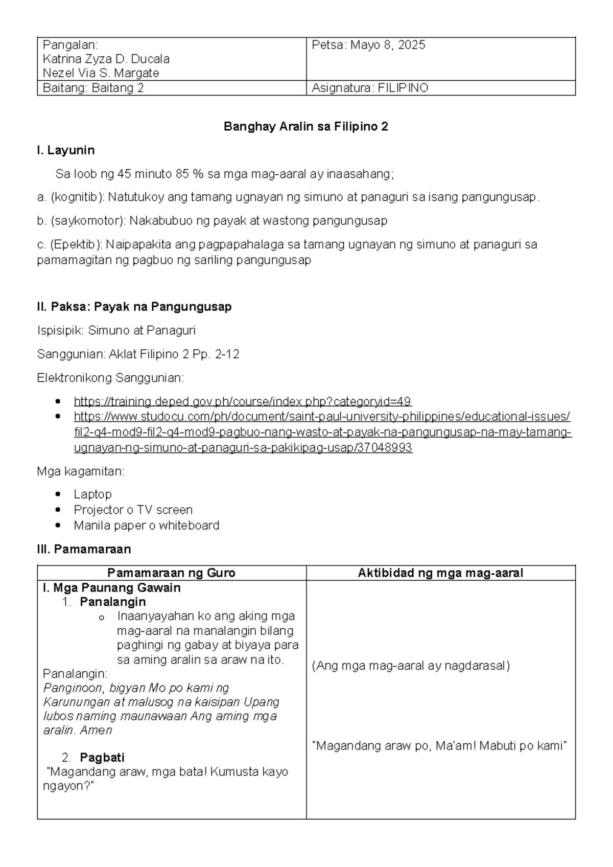 FIL 2 Lesson Plan: Payak na Pangungusap at Ugnayan ng Simuno at ...