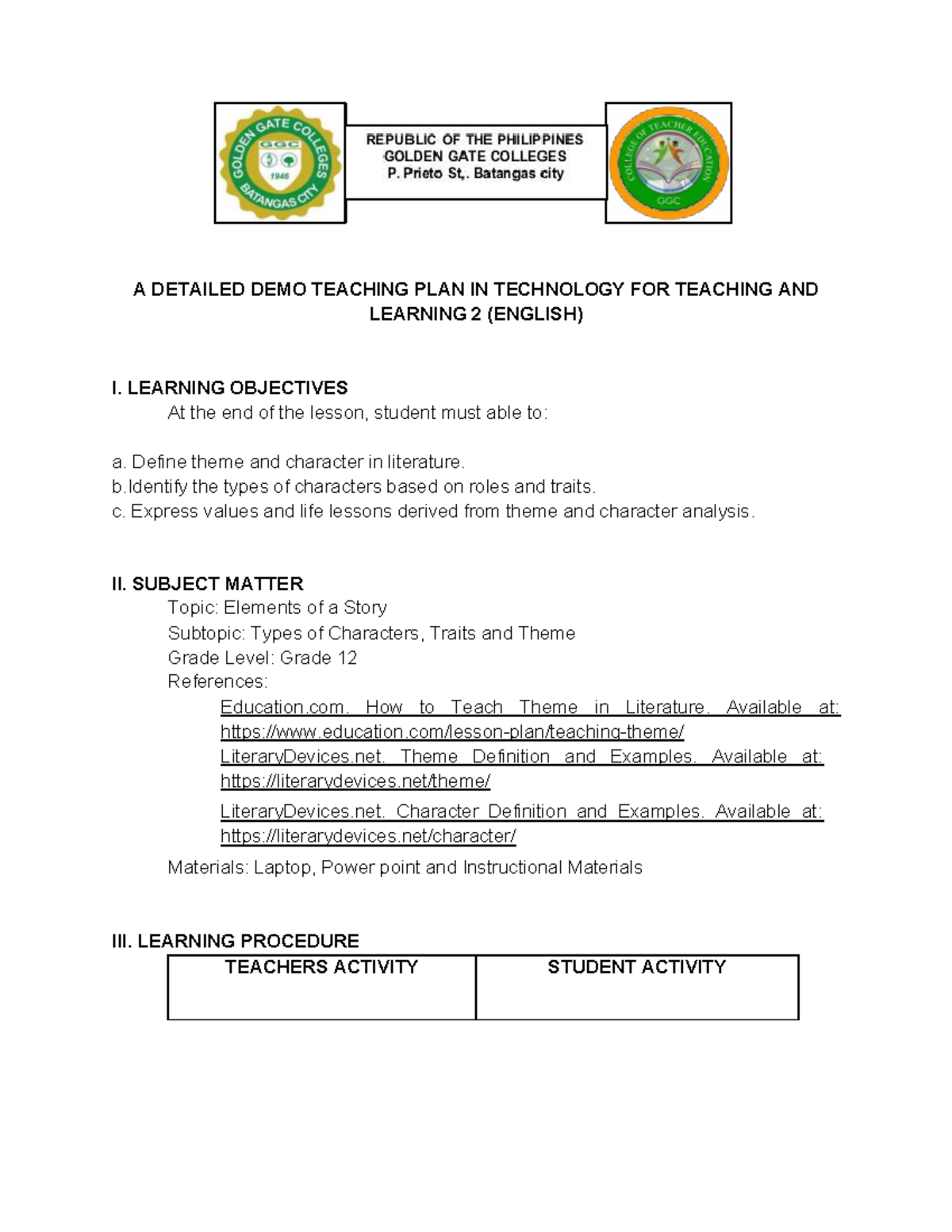 Lesson Plan in Technology for Teaching Literature (Grade 12) - Studocu