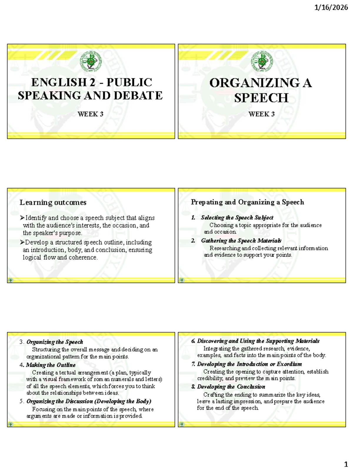 ENGLISH 2: Week 3 - Organizing a Speech Lesson Notes - Studocu