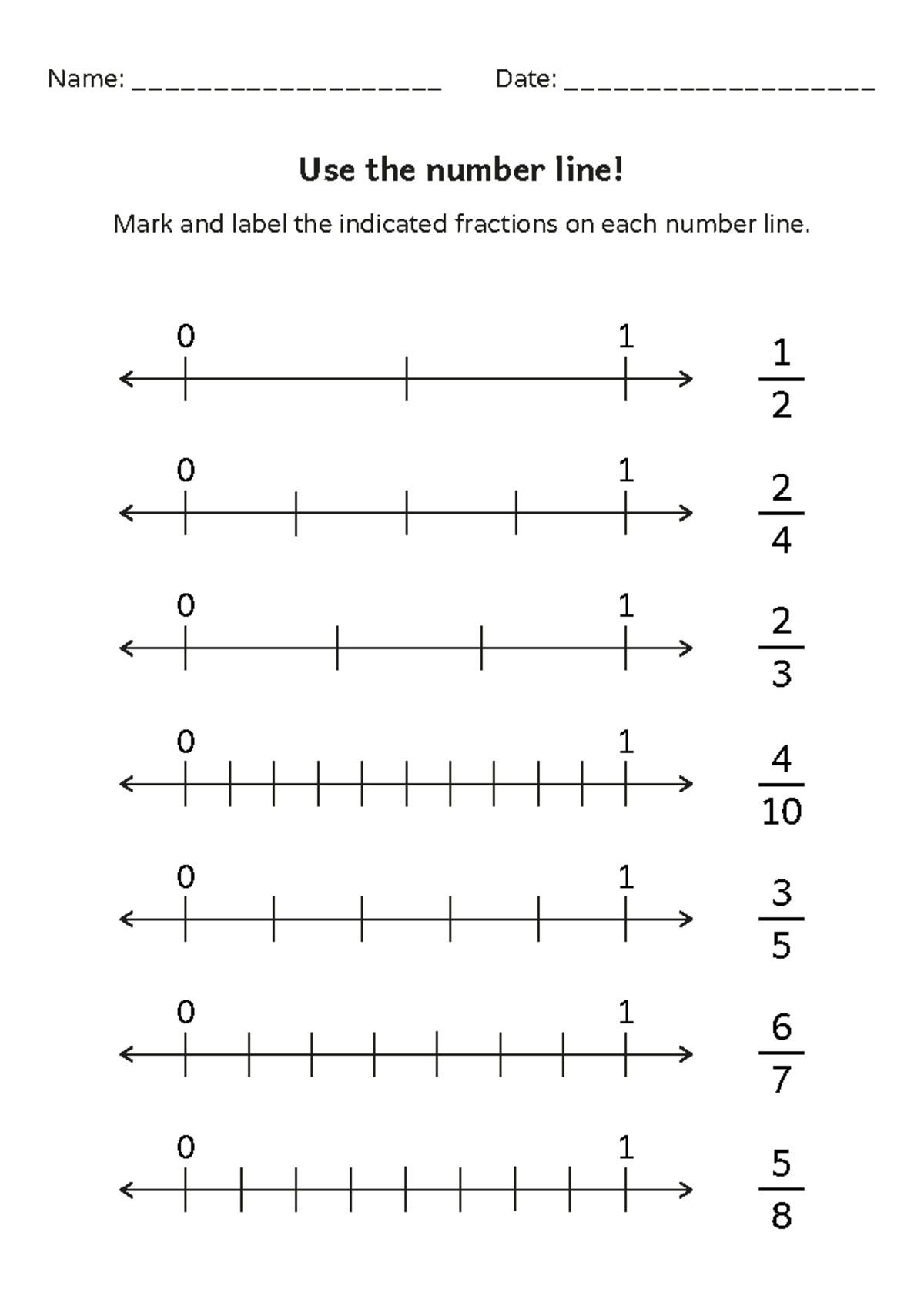 Understanding Fractions on a Number Line - 3rd Grade Worksheet - Name