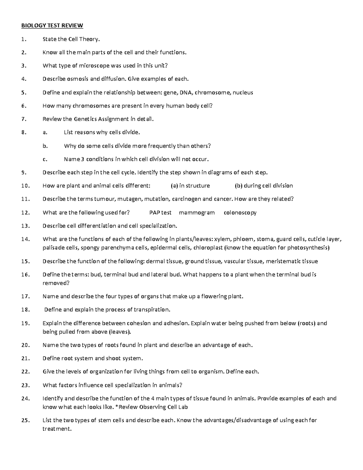 BIOLOGY TEST REVIEW: Cell Theory, Genetics, and Plant Functions - Studocu
