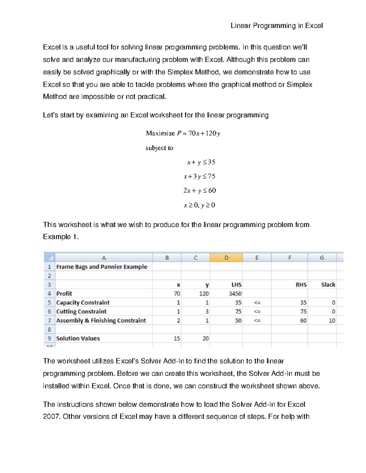 Excel Usage for Linear Programming: A Simplex Method Guide - Studocu