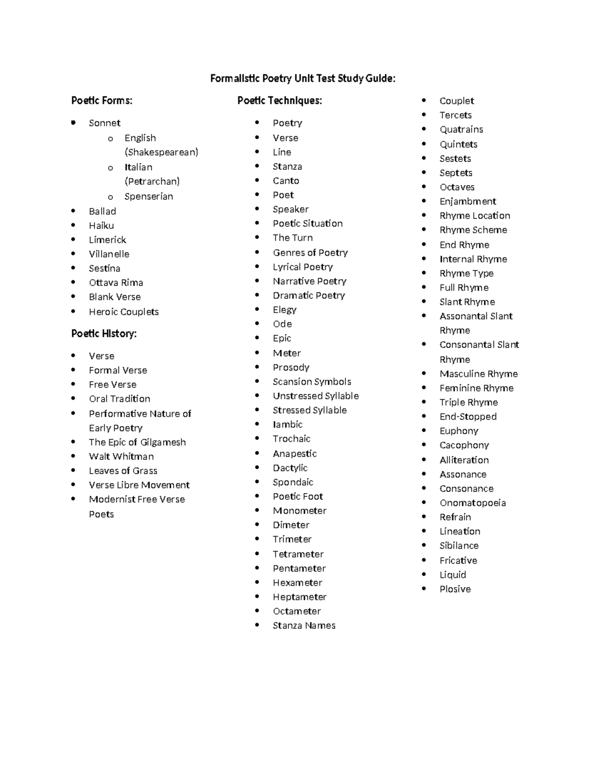 Formalistic Poetry Unit Test Study Guide: Key Concepts and Techniques ...