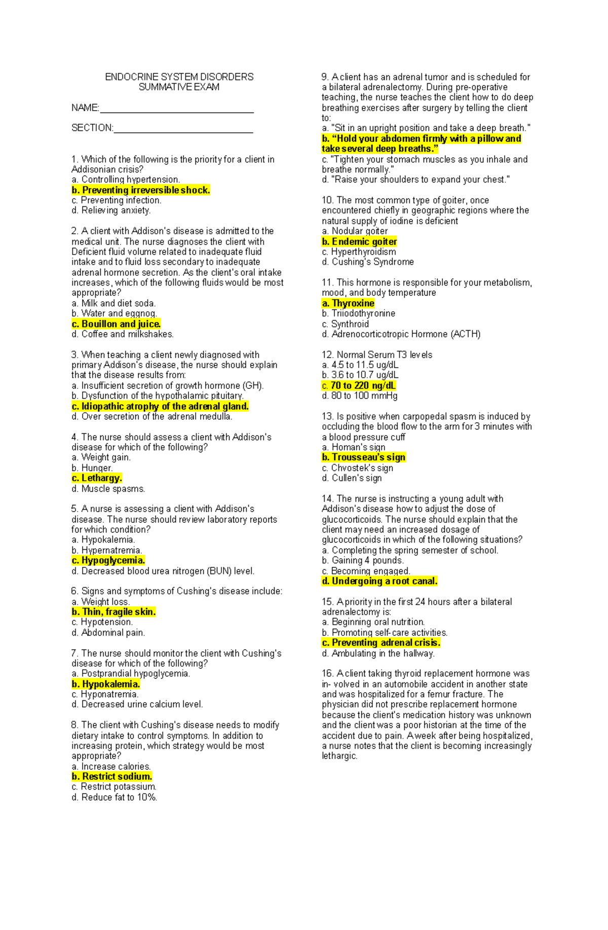 ENDOCRINE SYSTEM DISORDERS SUMMATIVE EXAM 1 STUDY GUIDE - Studocu