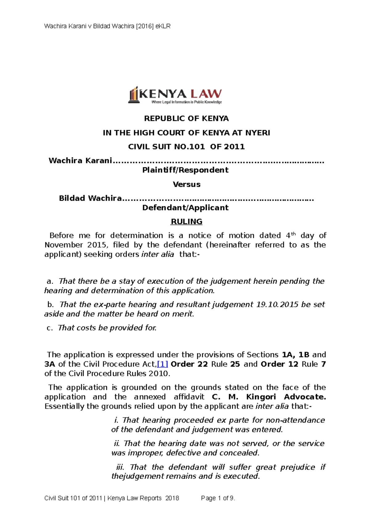 Sample Plaint - REPUBLIC OF KENYA IN THE HIGH COURT AT MERU CIVIL SUIT ...