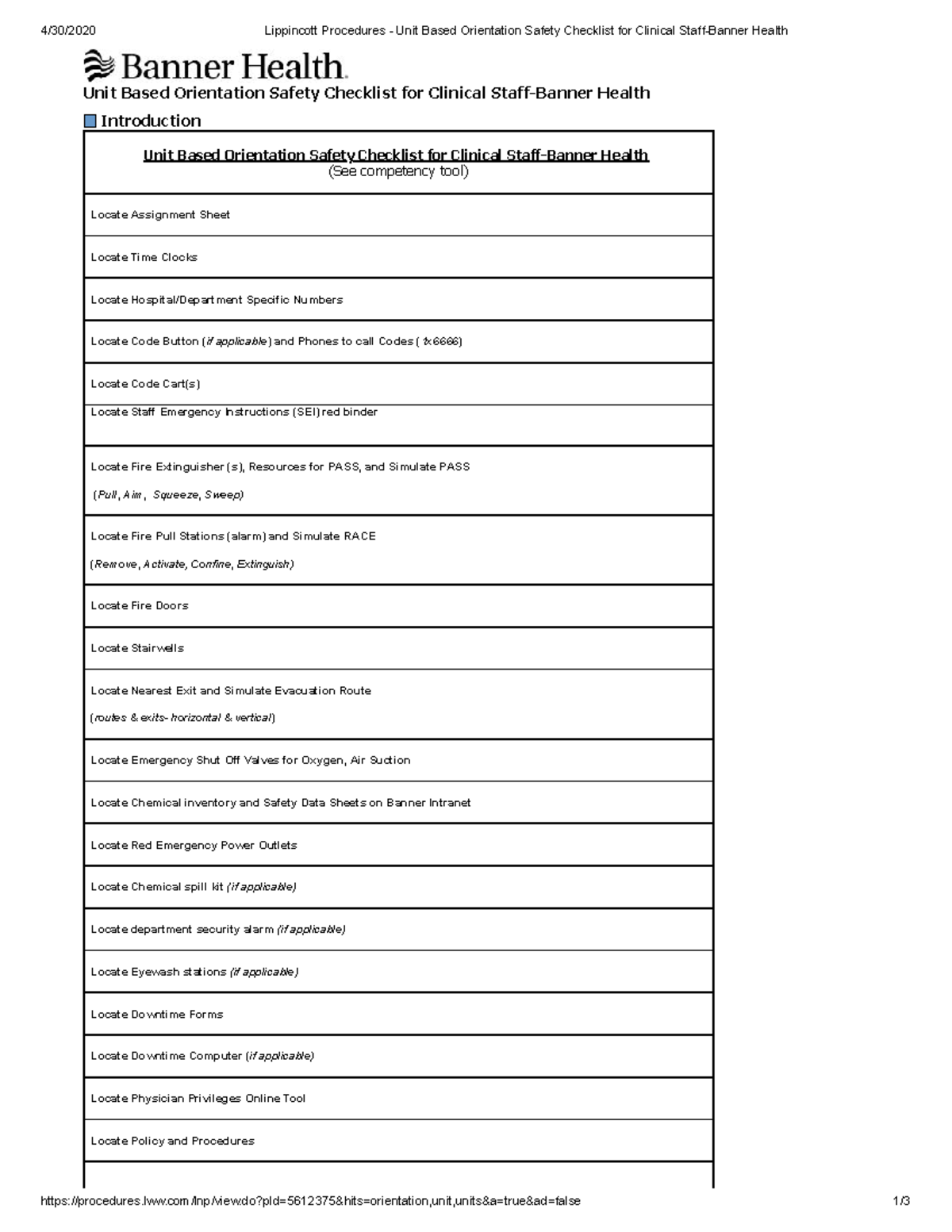 Unit-Based Orientation Safety Checklist for Clinical Staff (Banner ...