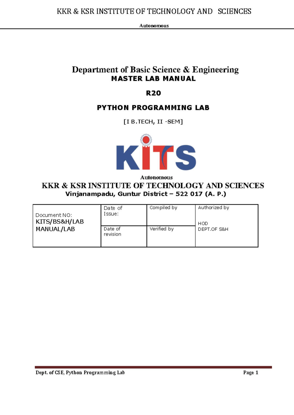 Python Programming Lab Manual - KKR KSR Institute of Tech (R20) - Studocu