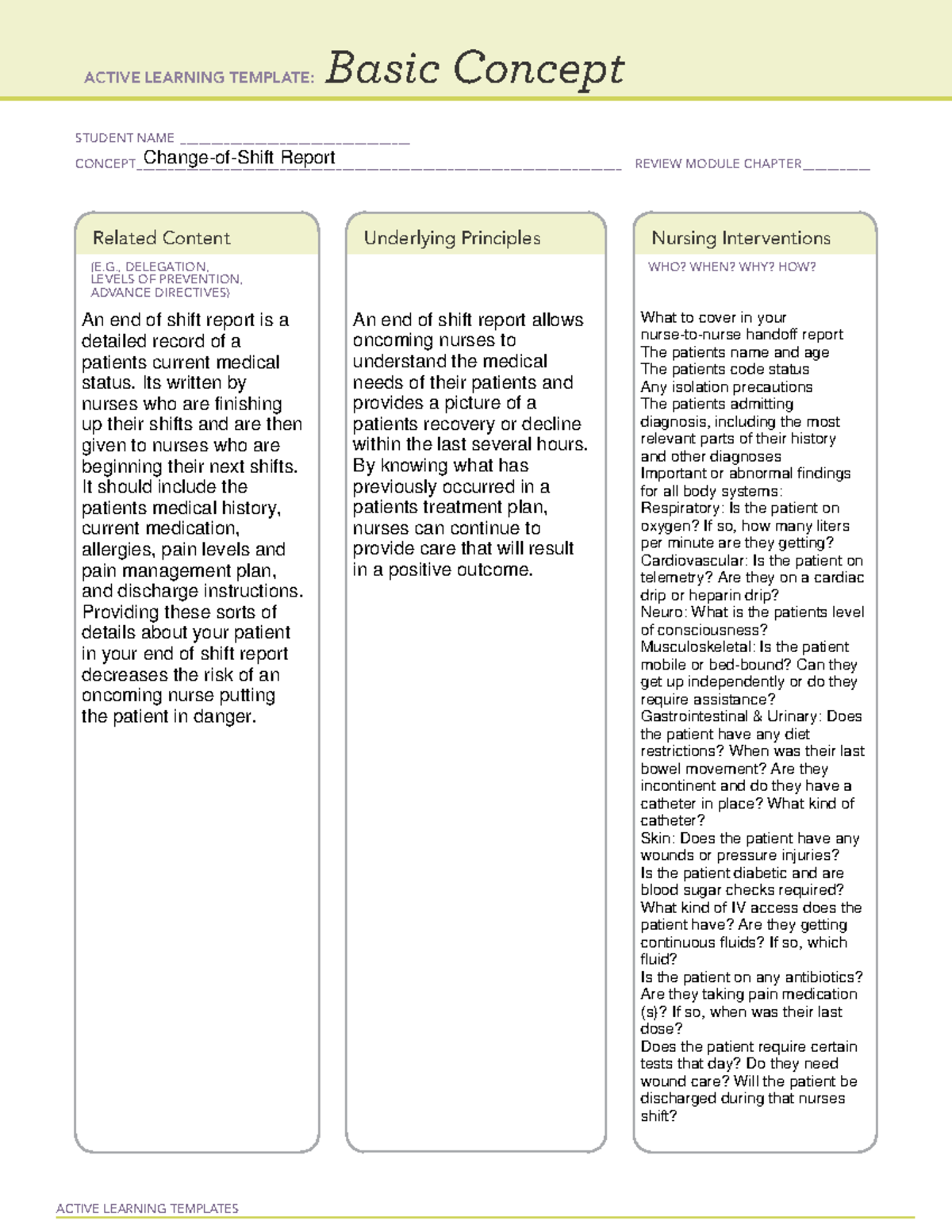 Change-of-Shift Report ATI - Active Learning Templates Overview - Studocu