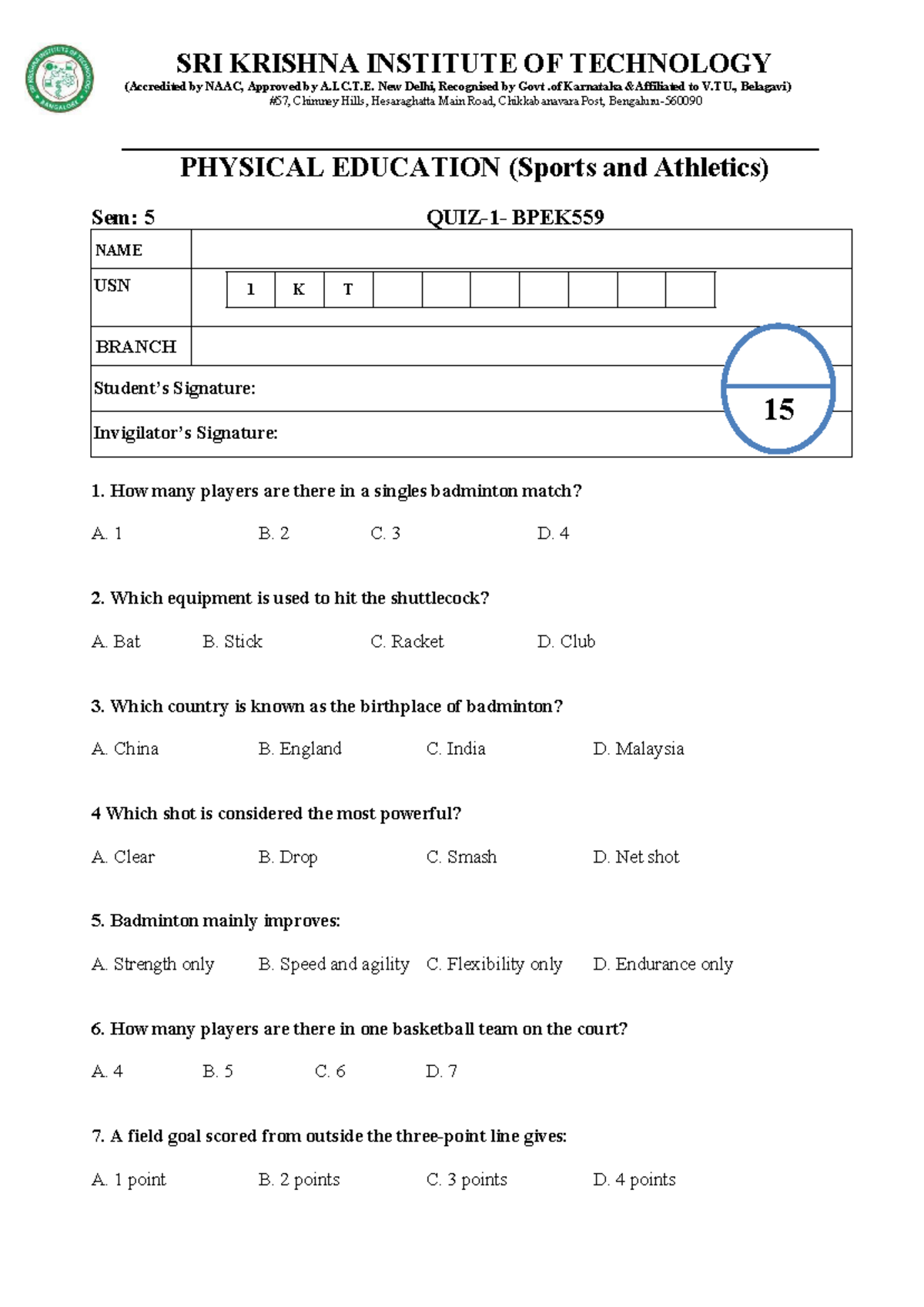 Quiz 2 BPEK559 - Sports and Athletics Questions - Studocu
