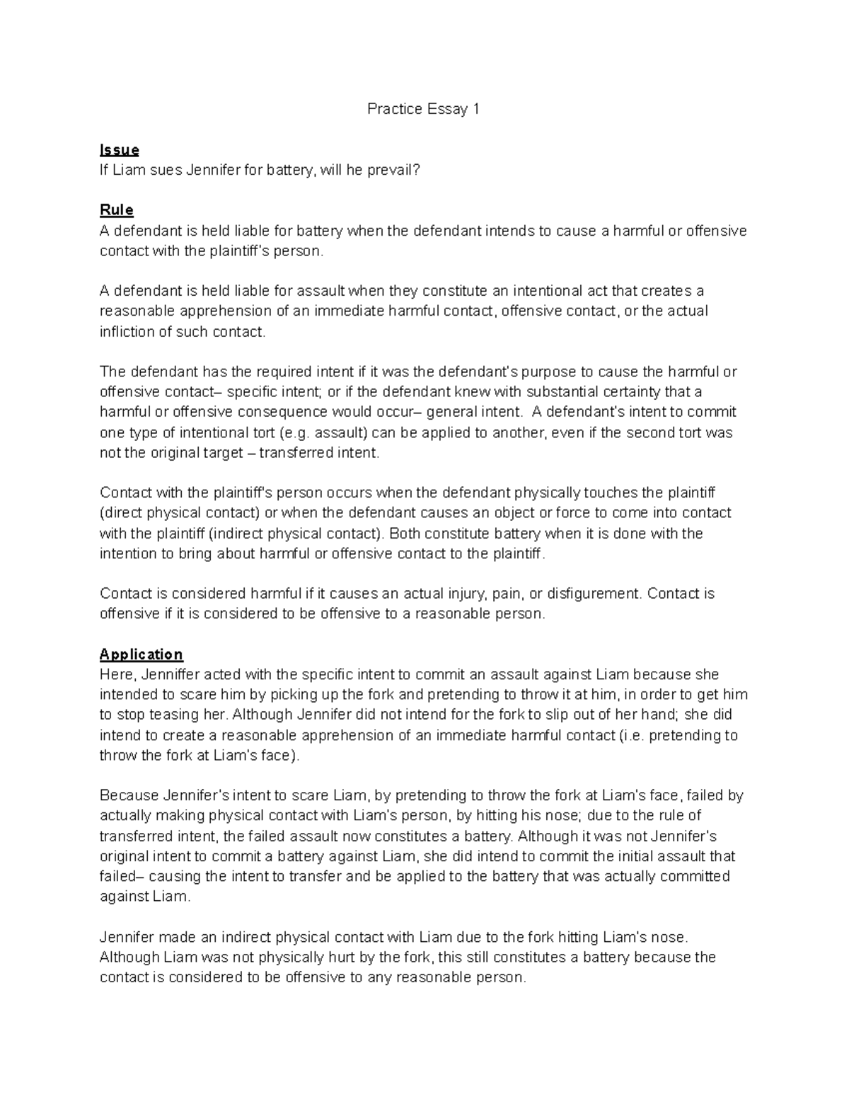 Lawyering Fundamentals - Essay 1: Battery and Assault Analysis - Studocu