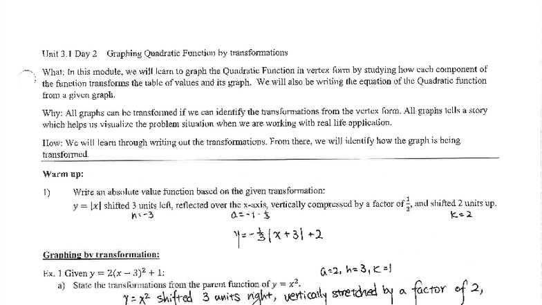 Unit 3.1 Day 2: Graphing Quadratic Functions via Transformations Notes - Studocu